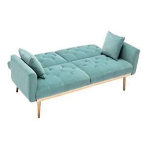 HomSof Blue Loveseat Sleeper Bed, Small Couch for Bedroom, 2 Seater Mid Century Modern Velvet Sofa with Metal Legs, Two Size