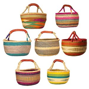 handmade in ghana bolga basket colorful large bolgatanga round multi-colored african market basket home décor basket, two leather wrapped handle storage multi-purpose basket ships flat (15"-18" across