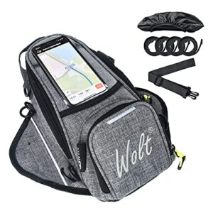 wolt powersports motorcycle tank bag with waterproof rain cover strong magnetic, motorbike bag transparent pocket for cell phone navigation, update version (grey) …