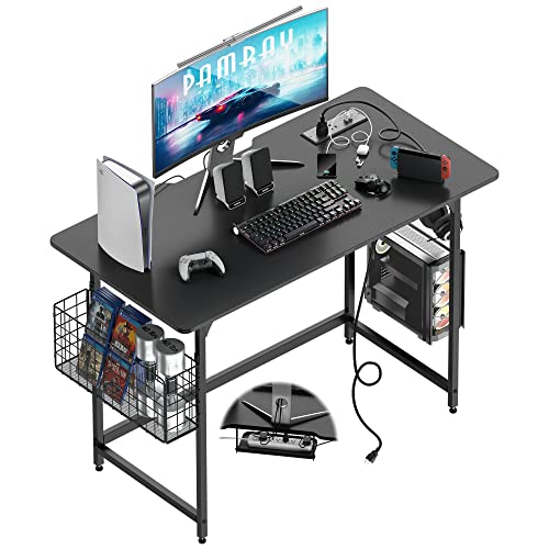 Pamray 40 inch Computer Desk with Built-in Outlet & USB Charging Port Home Office Desk with Cable Trough and Under Desk Cable Management for Work and Gaming