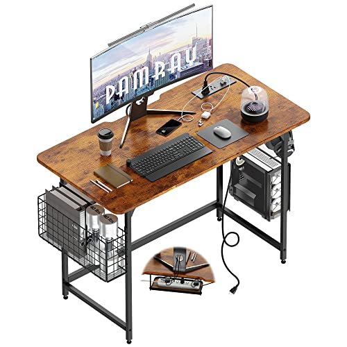 Pamray 40 inch Computer Desk with Built-in Outlet & USB Charging Port Home Office Desk with Cable Trough and Under Desk Cable Management for Work and Gaming Brown