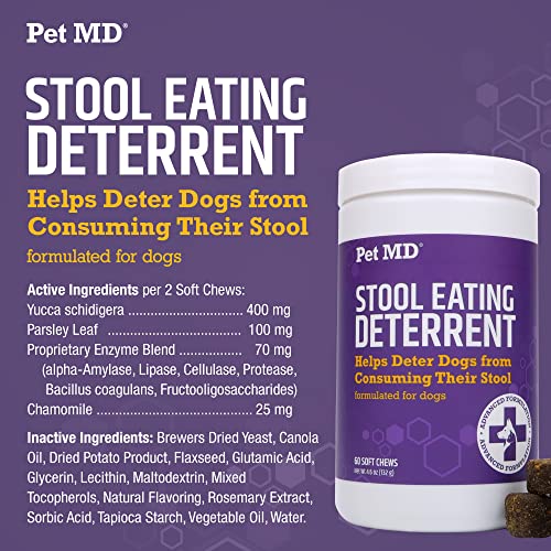 Pet MD Stool Eating Deterrent - Prevent Dog from Eating Poop - Coprophagia Aversion with Enzymes, Herbs, & Prebiotics for Digestive Support & Fresh Breath - Stop Stool Eating Chews - 60 ct