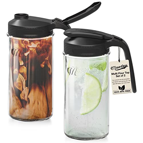 Masontops Multi Top Pitcher Set - Glass Pitcher With Lid & Spout - Elegant Sun Tea Jar - Cold Brew Mason Jar With Handle - 2 X 24 Ounce Wide Mouth Iced Coffee Bottle - Liquid & Food Storage Container