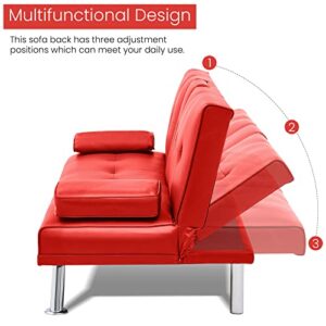 AWQM Faux Leather Futon Sofa Bed Upholstered Modern Convertible Sofa Bed Small Couch Bed Adjustable Couch Sleeper for Compact Living Space, Removable Armrests, Metal Legs, 2 Cupholders, Red