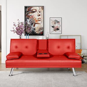 AWQM Faux Leather Futon Sofa Bed Upholstered Modern Convertible Sofa Bed Small Couch Bed Adjustable Couch Sleeper for Compact Living Space, Removable Armrests, Metal Legs, 2 Cupholders, Red