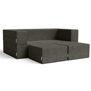 jaxx zipline convertible sleeper loveseat & ottomans, textured microvelvet - charcoal