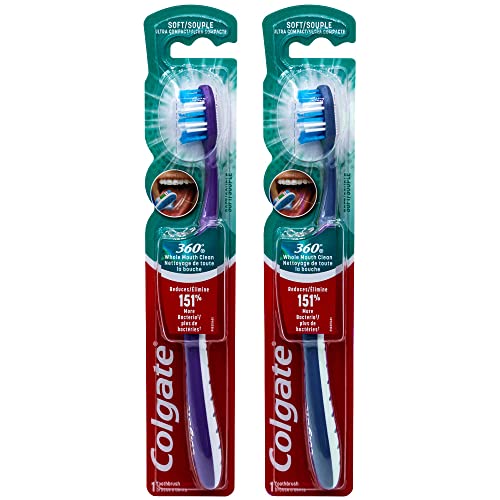 Colgate 360 Whole Mouth Clean Toothbrush, Ultra Compact Head, Soft (Colors Vary) - Pack of 2