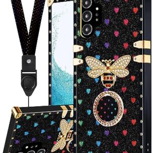 Loheckle for Square iPhone 14 Pro Max Case, Designer Retro Luxury Cases for Women with Ring Stand Holder and Lanyard, Stylish Bee Cute Cover for iPhone 14 Pro Max 6.7 Inch