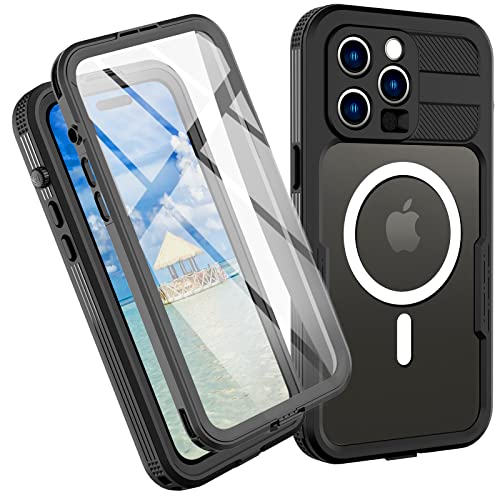 Transy iPhone 14 Pro Max Waterproof Case - 6.7" MagSafe Compatible, Magnetic Full Protection with Lanyard (Black)