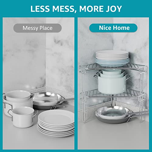 Joy Aid 2-Tier Kitchen Corner Shelf Rack for Dishes, Cookware, Appliance, Tools and More, Organization Shelf for Kitchen, Bathroom, Garage and Tool Shed, 304 Stainless Steel