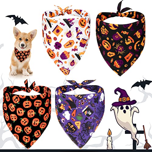 ZEFAN 4 Pack Halloween Dog Bandanas,Pumpkin and Spider Web Bibs,Halloween Party Decorations Bandana,Soft Comfortable Triangle Pet Scarf for Small Medium Dogs Cats Puppies Pets (Small)