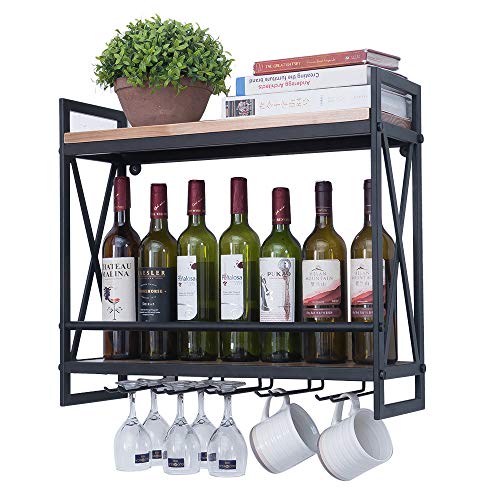 OLDRAINBOW Industrial Wine Racks Wall Mounted with 6 Stem Glass Holder,Rustic Metal Hanging Wine Holder,2-Tiers Wall Mount Bottle Holder Glass Rack (Black, 23.6in)