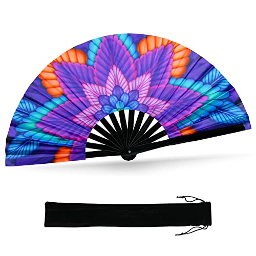 SYNTECSO Folding Hand Fan for Rave, UV Glow Fan, Large Bamboo Fan for Drag Queene, Women and Men Gift，Chinese Japanese Clack Fan for Parties, Music Festivals, EDM and Decoration