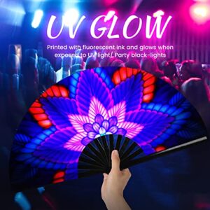 SYNTECSO Folding Hand Fan for Rave, UV Glow Fan, Large Bamboo Fan for Drag Queene, Women and Men Gift，Chinese Japanese Clack Fan for Parties, Music Festivals, EDM and Decoration