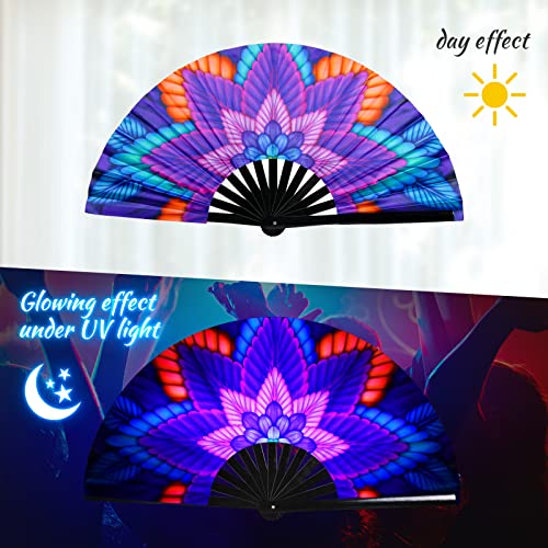 SYNTECSO Folding Hand Fan for Rave, UV Glow Fan, Large Bamboo Fan for Drag Queene, Women and Men Gift，Chinese Japanese Clack Fan for Parties, Music Festivals, EDM and Decoration