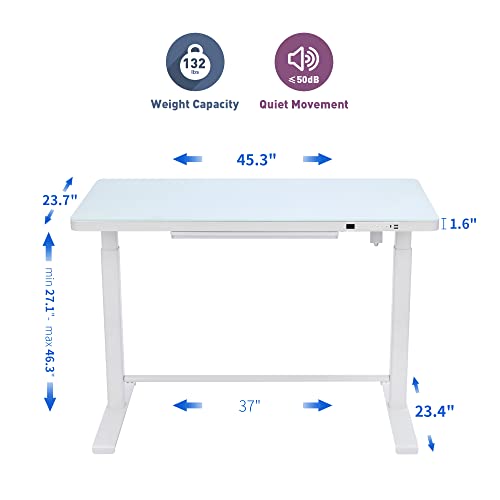 FARRAY Electric Glass Standing Desk with Drawer, 45 x 24 Inch Adjustable Height Desk with Power Strip & USB Ports, White Stand Up Desk, Sit Stand Desk Glass Top