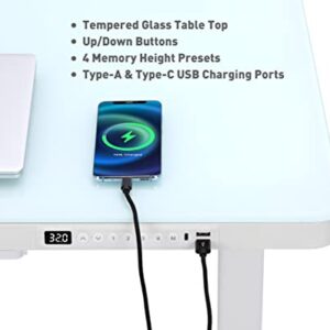 FARRAY Electric Glass Standing Desk with Drawer, 45 x 24 Inch Adjustable Height Desk with Power Strip & USB Ports, White Stand Up Desk, Sit Stand Desk Glass Top