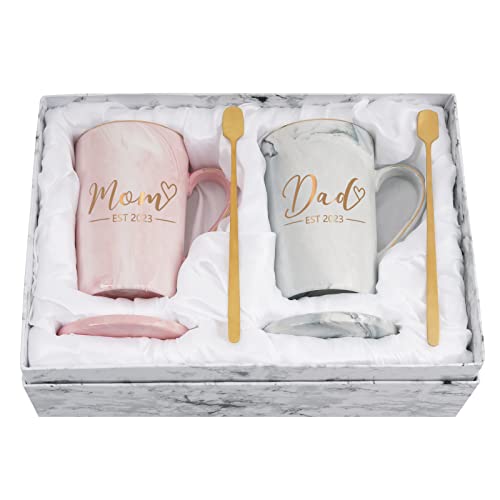 YHRJWN - Dad Mom Est 2023 - New Parent Gifts - Dad Mom Coffee Mug for Couples - Pregnancy Announcement Parent to be Gifts - Anniversary Christmas Gifts- Marble Set 14 Oz With Gift Box Coaster Spoon