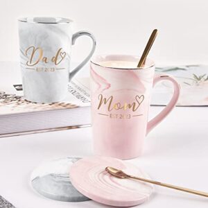 YHRJWN - Dad Mom Est 2023 - New Parent Gifts - Dad Mom Coffee Mug for Couples - Pregnancy Announcement Parent to be Gifts - Anniversary Christmas Gifts- Marble Set 14 Oz With Gift Box Coaster Spoon