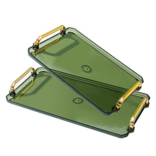 Ismosm 2 Pack Small and Large Serving Tray with Handles Clear Jewelry Tray Valet Tray Plastic Serving Tray for Party, Kitchen, Bathroom, Dessert Table, Cupcake Display (Dark Green)