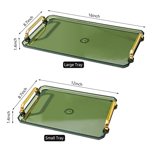 Ismosm 2 Pack Small and Large Serving Tray with Handles Clear Jewelry Tray Valet Tray Plastic Serving Tray for Party, Kitchen, Bathroom, Dessert Table, Cupcake Display (Dark Green)