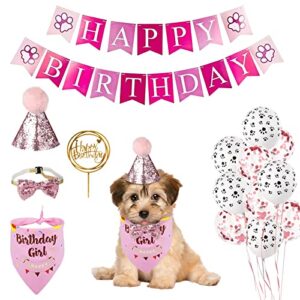 guoyihua dog birthday party supplies, dog birthday bandana scarf, doggie boy birthday party hat with number, bowtie balloons banner for small medium dogs pets, birthday party decorations (6pcs, pink)