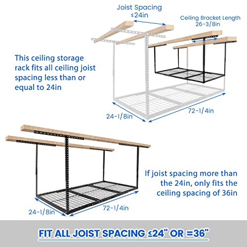 3x6 Ceiling Storage Overhead Garage Rack 72-1/4" Length x 24-1/8" Width x 22"-40" Steel Black Adjustable Height