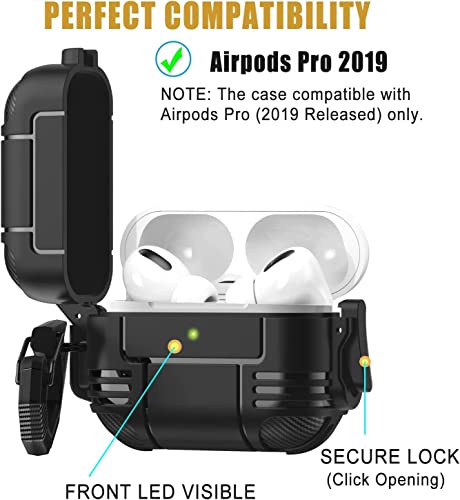 Wonjury for Airpods Pro Case Cover for Men with Lock, Military Armor Series Full-Body AirPod Pro Case with Keychain Cool Air Pod Pro Shockproof Protective Case for AirPods Pro 2019, Spring Lock Black