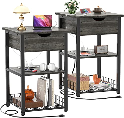 Cyclysio Nightstand Set of 2 with Charging Station, End Table Side Table with USB Ports and Outlets, Flip Top Night Stands with Shelves, Slim Bedside Sofa Table for Living Room, Bedroom, Gray Oak