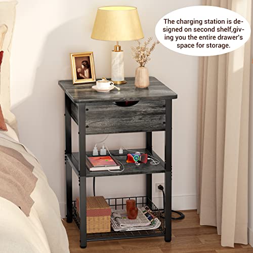 Cyclysio Nightstand Set of 2 with Charging Station, End Table Side Table with USB Ports and Outlets, Flip Top Night Stands with Shelves, Slim Bedside Sofa Table for Living Room, Bedroom, Gray Oak