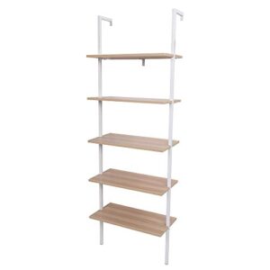 5-tier open wall-mounted bookshelf with metal frame - industrial modern ladder shelf - floating bookcase organizer - hanging storage rack shelves for home and office - walnut and white frame