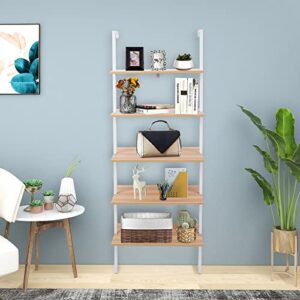 5-Tier Open Wall-Mounted Bookshelf with Metal Frame - Industrial Modern Ladder Shelf - Floating Bookcase Organizer - Hanging Storage Rack Shelves for Home and Office - Walnut and White Frame