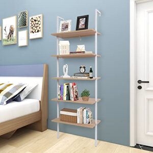 5-Tier Open Wall-Mounted Bookshelf with Metal Frame - Industrial Modern Ladder Shelf - Floating Bookcase Organizer - Hanging Storage Rack Shelves for Home and Office - Walnut and White Frame