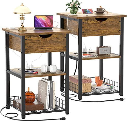 Cyclysio Nightstand Set of 2 with Charging Station, End Table Side Table with USB Ports and Outlets, Flip Top Night Stands with Shelves, Slim Bedside Sofa Table for Living Room, Bedroom, Rustic Brown