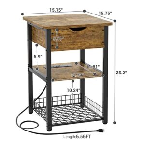 Cyclysio Nightstand Set of 2 with Charging Station, End Table Side Table with USB Ports and Outlets, Flip Top Night Stands with Shelves, Slim Bedside Sofa Table for Living Room, Bedroom, Rustic Brown