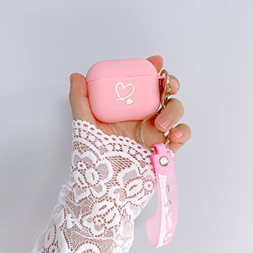 Ownest Compatible with AirPods 3 Case Cover 2021 Soft TPU with Gold Heart Pattern Cute Fruit Flowers Keychain Shockproof Case for Women Girls Only for Airpods 3th Generation-Pink