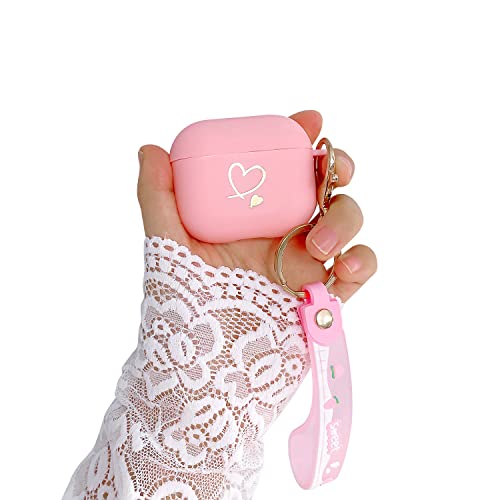 Ownest Compatible with AirPods 3 Case Cover 2021 Soft TPU with Gold Heart Pattern Cute Fruit Flowers Keychain Shockproof Case for Women Girls Only for Airpods 3th Generation-Pink