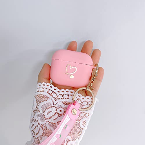 Ownest Compatible with AirPods 3 Case Cover 2021 Soft TPU with Gold Heart Pattern Cute Fruit Flowers Keychain Shockproof Case for Women Girls Only for Airpods 3th Generation-Pink