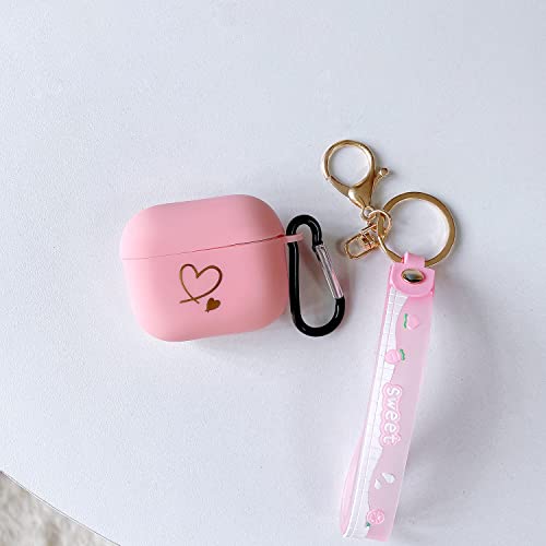 Ownest Compatible with AirPods 3 Case Cover 2021 Soft TPU with Gold Heart Pattern Cute Fruit Flowers Keychain Shockproof Case for Women Girls Only for Airpods 3th Generation-Pink