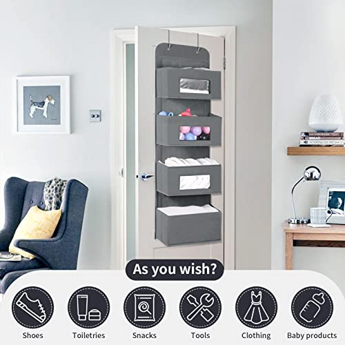 4-Shelf Over The Door Hanging Organizer with 2 Metal Hooks，4 Pocket Over The Door Wall Mount Storage with Clear Windows for Baby Nursery Bathroom Closet,Bedroom,Dorm, Diapers,Kids Toys (Gray)