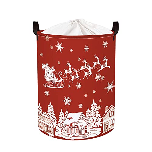 Clastyle 45L Red Snow House Laundry Basket Santa Claus Laundry Hamper Christmas Ornament Storage Basket with Drawstring Reindeer Snowflake Nursery Hamper for Gifts, 14.2x17.7 in