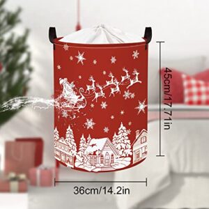 Clastyle 45L Red Snow House Laundry Basket Santa Claus Laundry Hamper Christmas Ornament Storage Basket with Drawstring Reindeer Snowflake Nursery Hamper for Gifts, 14.2x17.7 in