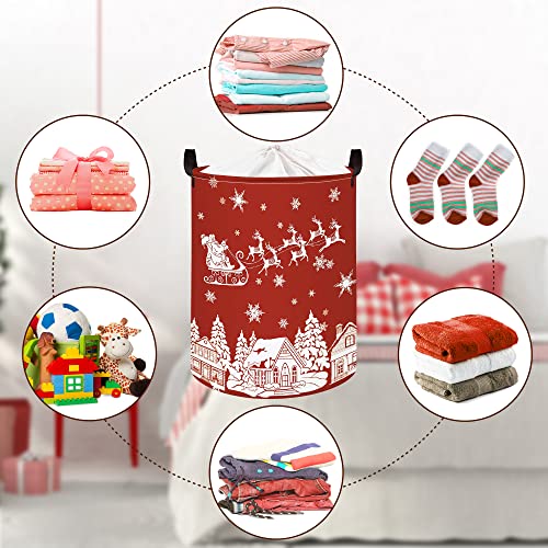 Clastyle 45L Red Snow House Laundry Basket Santa Claus Laundry Hamper Christmas Ornament Storage Basket with Drawstring Reindeer Snowflake Nursery Hamper for Gifts, 14.2x17.7 in