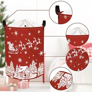 Clastyle 45L Red Snow House Laundry Basket Santa Claus Laundry Hamper Christmas Ornament Storage Basket with Drawstring Reindeer Snowflake Nursery Hamper for Gifts, 14.2x17.7 in