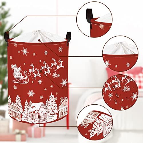 Clastyle 45L Red Snow House Laundry Basket Santa Claus Laundry Hamper Christmas Ornament Storage Basket with Drawstring Reindeer Snowflake Nursery Hamper for Gifts, 14.2x17.7 in