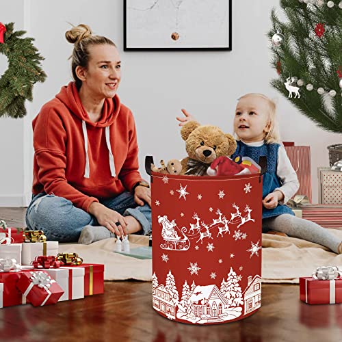 Clastyle 45L Red Snow House Laundry Basket Santa Claus Laundry Hamper Christmas Ornament Storage Basket with Drawstring Reindeer Snowflake Nursery Hamper for Gifts, 14.2x17.7 in