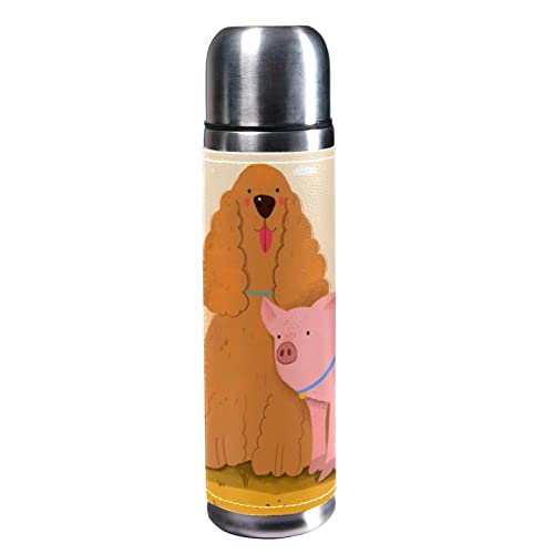 sdfsdfsd 17 oz Vacuum Insulated Stainless Steel Water Bottle Sports Coffee Travel Mug Flask Genuine Leather Wrapped BPA Free, Pink Pig Dog Cat Pets