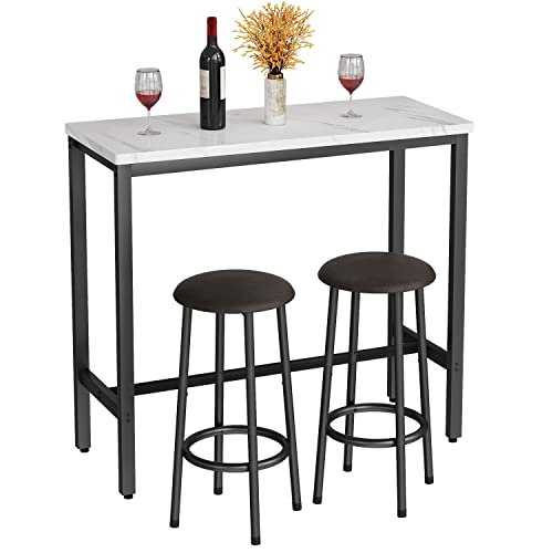 Hooseng Bar Table Set of 2, 39.3" Pub Height Table Set with Faux Marble Tabletop and 2 Round Stools, 3 Piece Kitchen Table Set Ideal for Dinner Room, Living Room, Breakfast Nook, Small Spaces, White