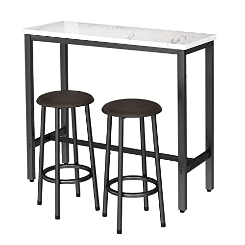 Hooseng Bar Table Set of 2, 39.3" Pub Height Table Set with Faux Marble Tabletop and 2 Round Stools, 3 Piece Kitchen Table Set Ideal for Dinner Room, Living Room, Breakfast Nook, Small Spaces, White