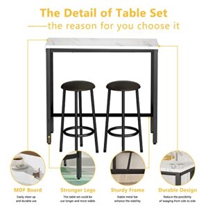 Hooseng Bar Table Set of 2, 39.3" Pub Height Table Set with Faux Marble Tabletop and 2 Round Stools, 3 Piece Kitchen Table Set Ideal for Dinner Room, Living Room, Breakfast Nook, Small Spaces, White